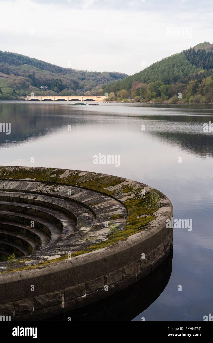 A vertical shot of overflow for the Ladybower Reservoir. Peak District ...