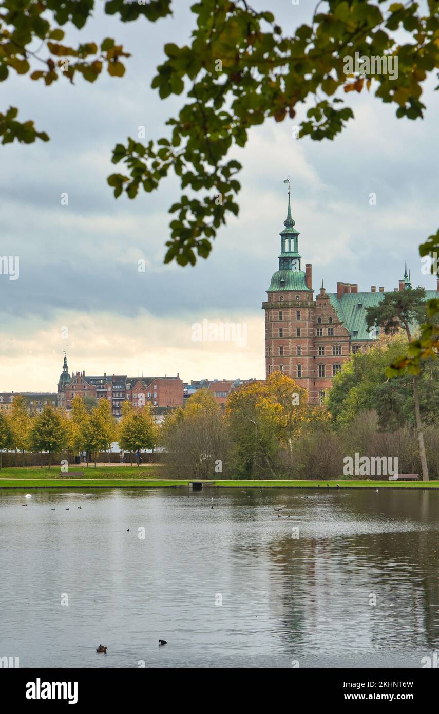 Frederiksborg castle park with created lake, in the background the ...