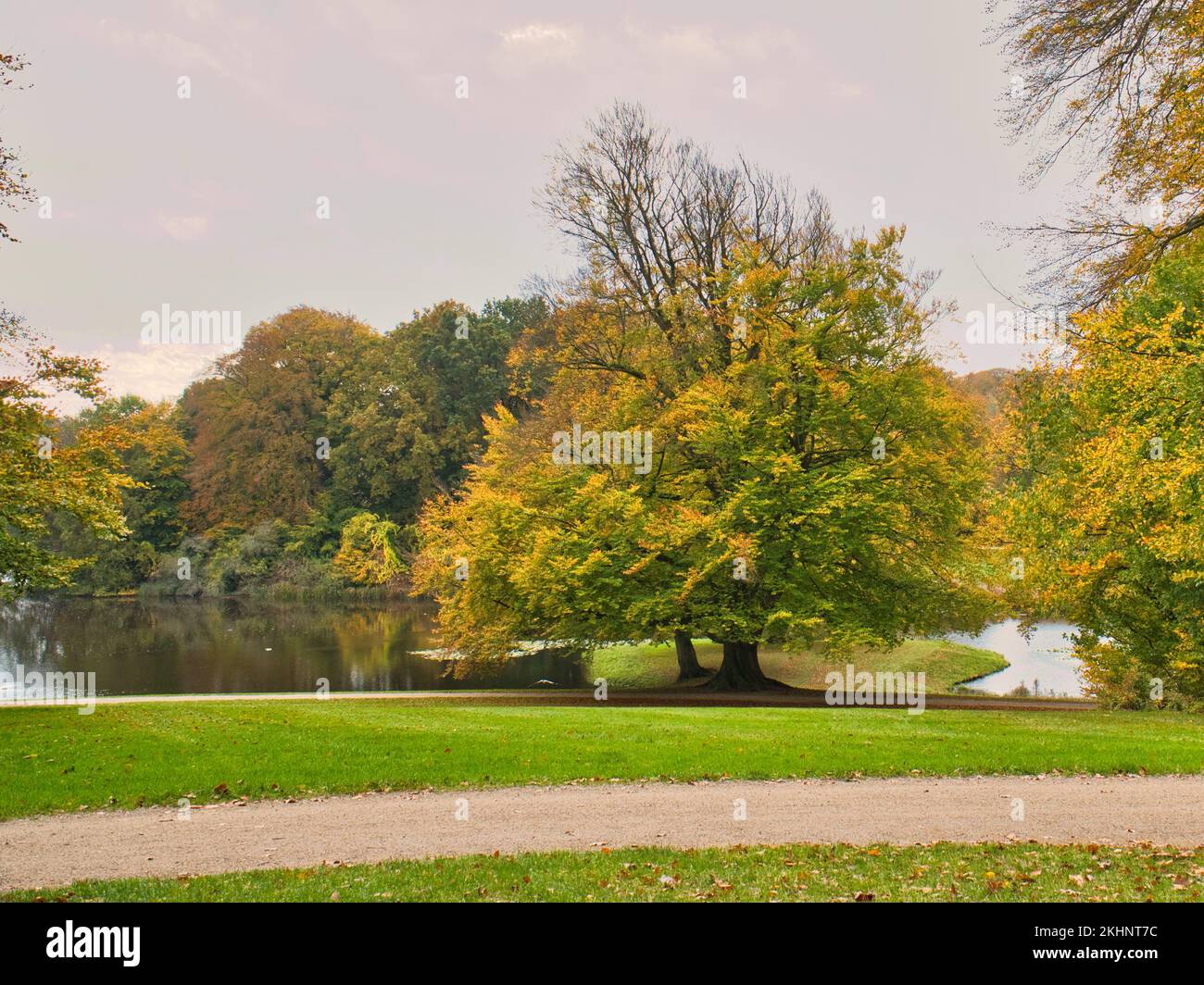 Frederiksborg Castle Park in autumn with mighty deciduous trees on the ...