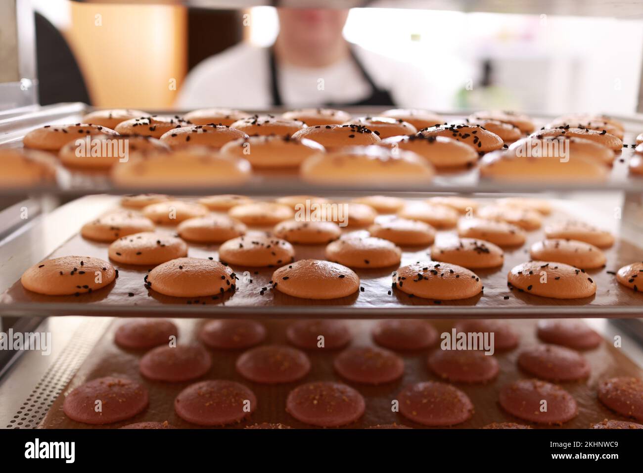 Chef placing a tray full of colorful macarons on a metal shelf with another macaroons, situated ...
