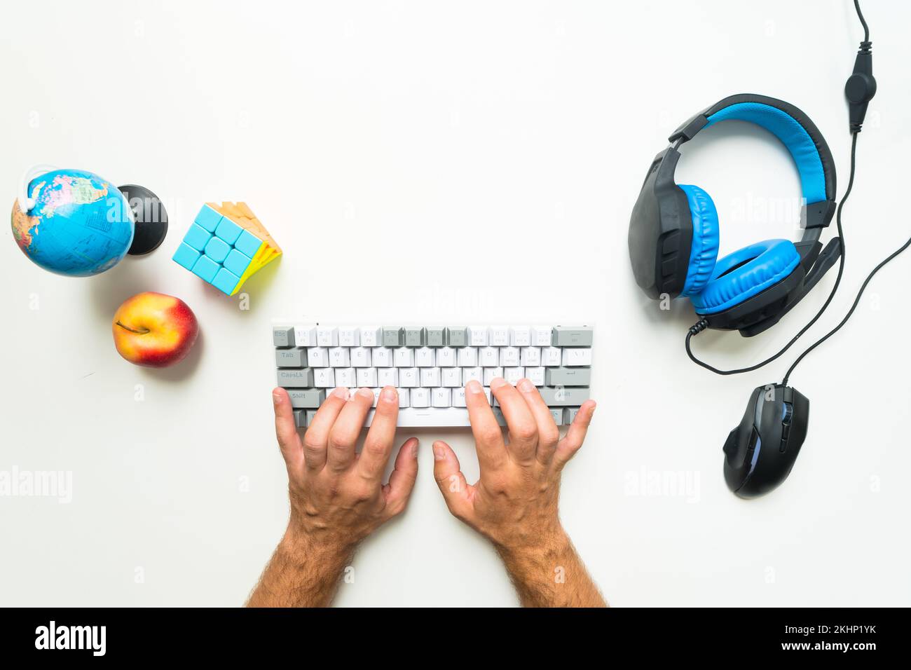 Top gamer childish adult type keyboard workspace concept, top view a ...