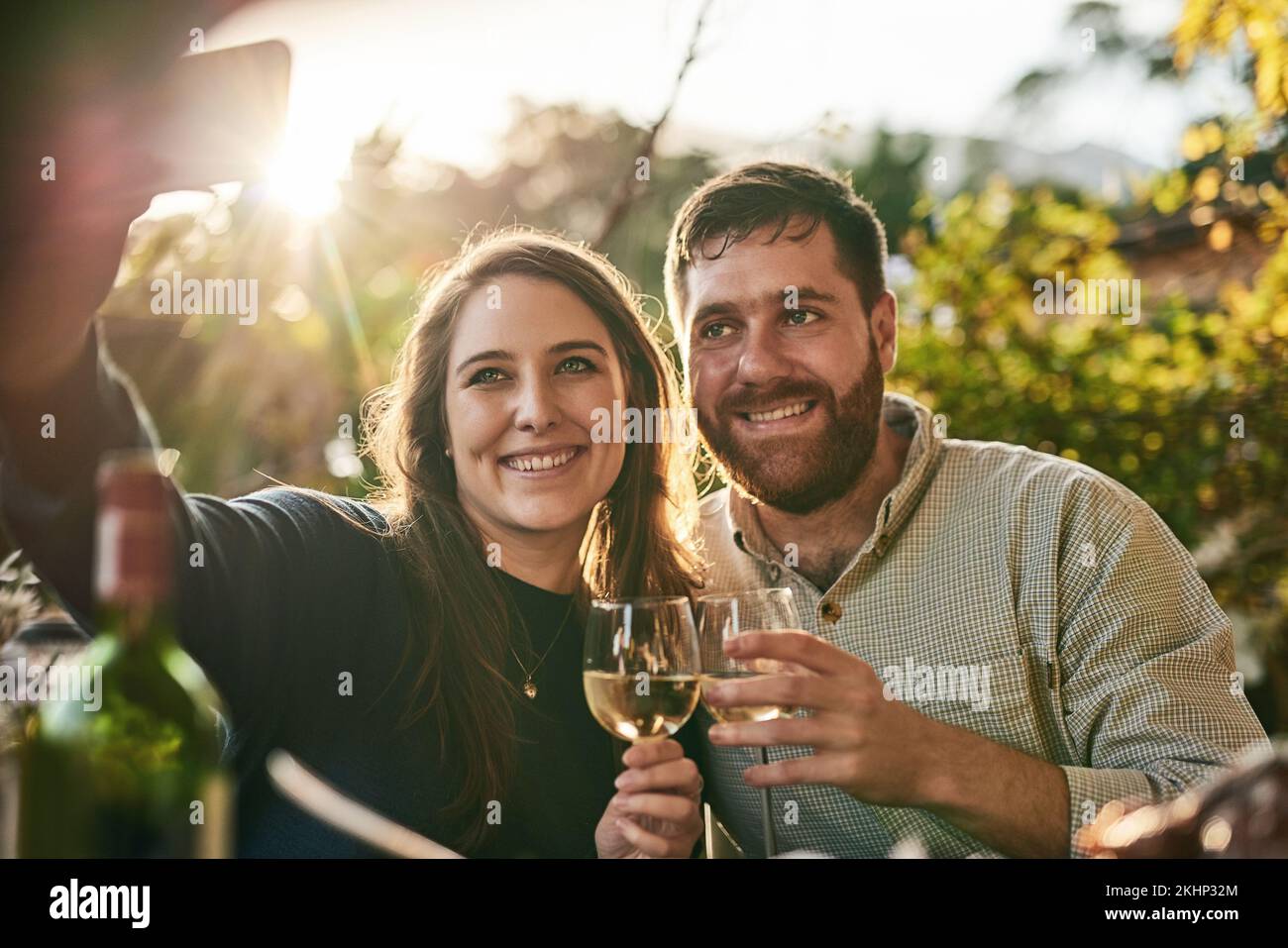 Couple, happy selfie and wine at vineyard, wine farm and smile on ...