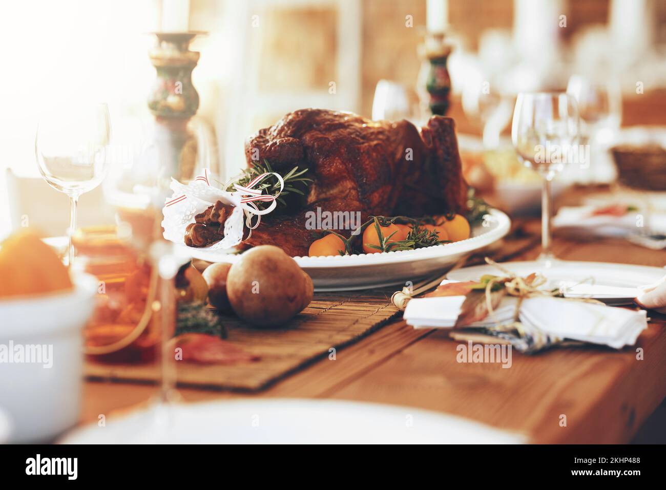 Turkey, food and thanksgiving table for traditional celebration with no ...