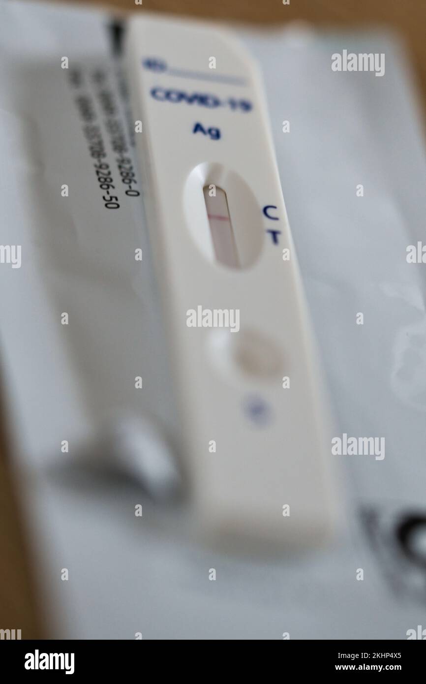 Corona rapid test with negative result. Kit cassette with liquid ...