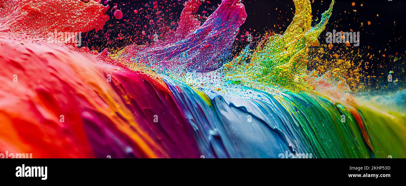 panorama Exploding liquid paint in rainbow colors with splashes header ...