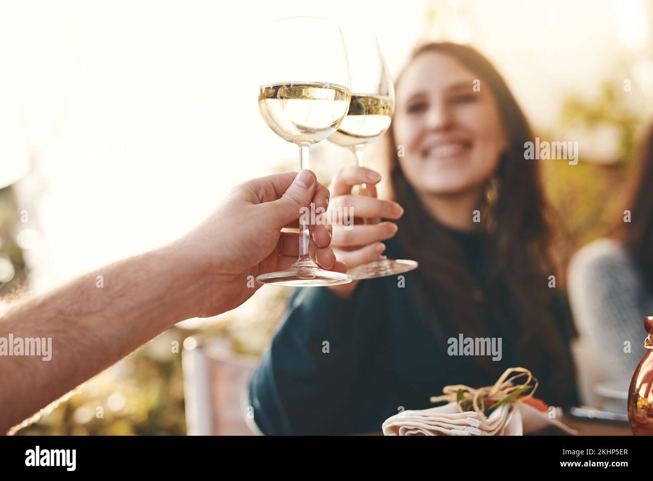Toast, glass and wine with couple hands with love, happiness and ...