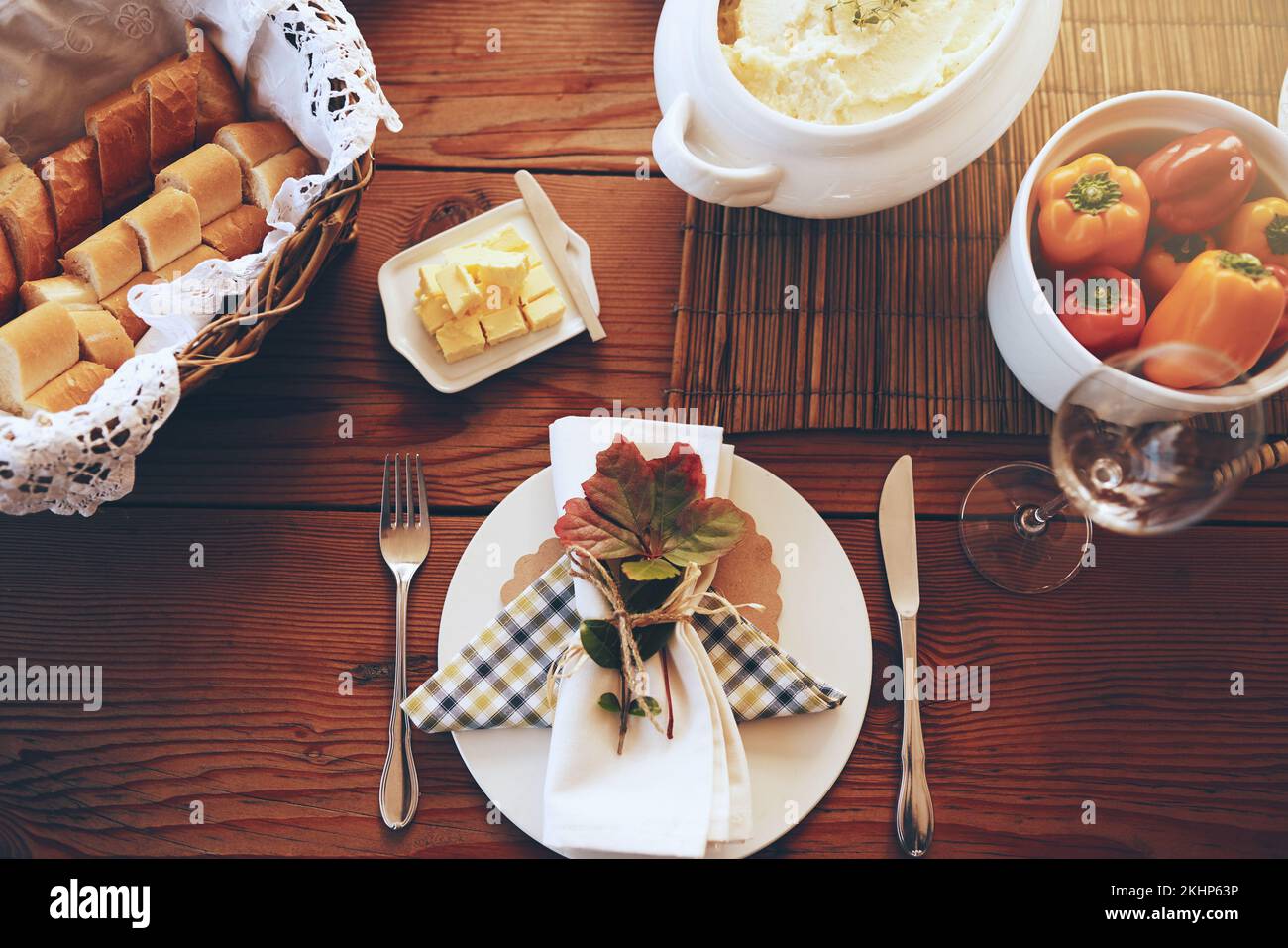 Above, lunch celebration and food on table for holiday, Sunday dinner ...