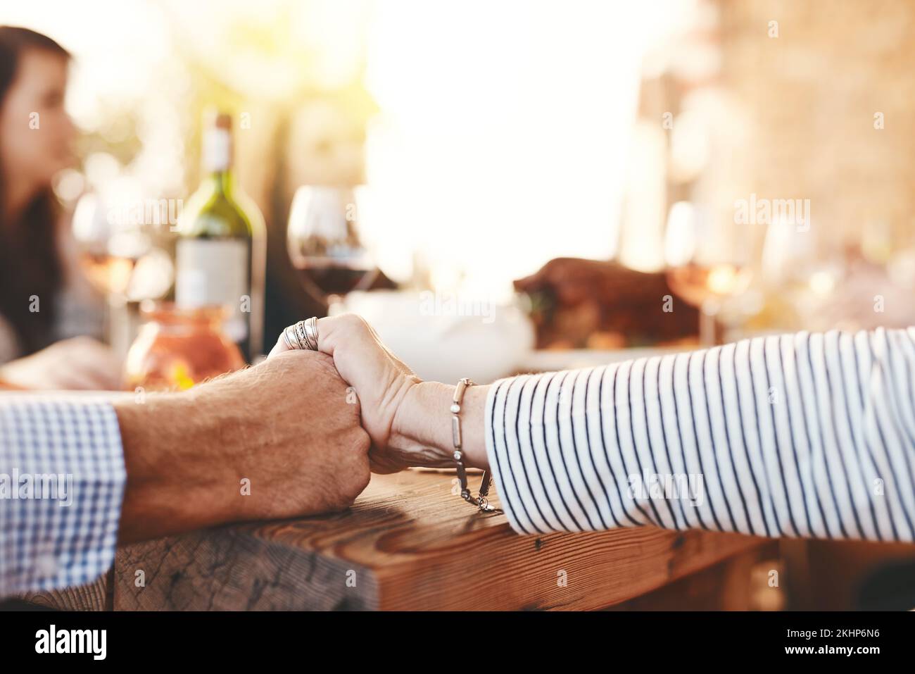 Family hands and praying at lunch for worship at table for thanksgiving ...