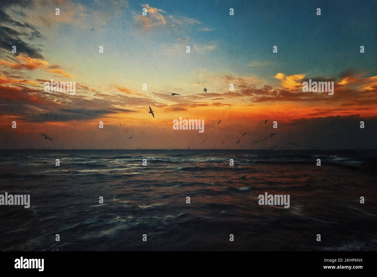 The sea at sunset, seagulls and colorful clouds. Artistic processing. Illustration Stock Photo ...