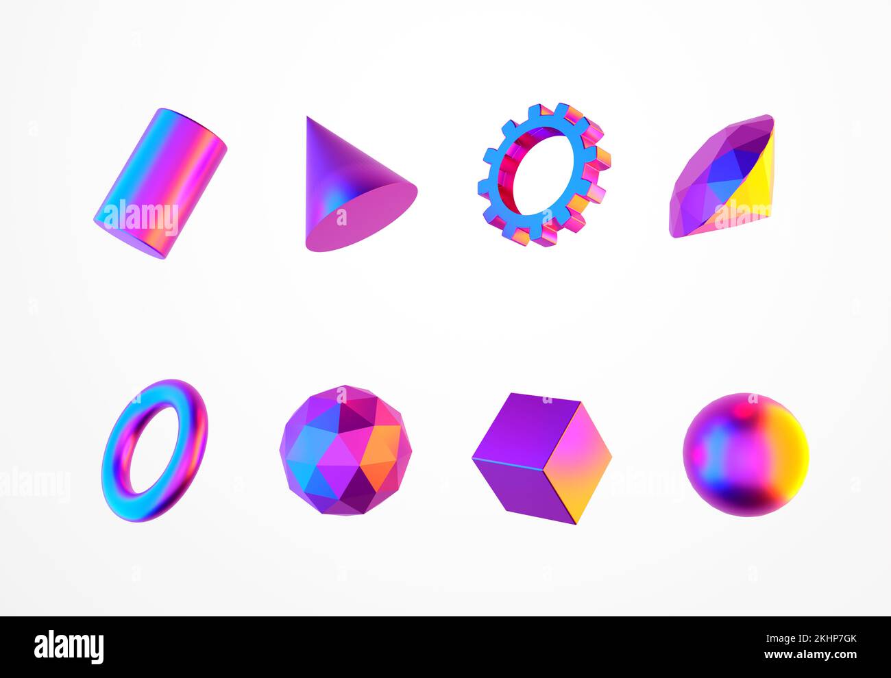 3d Colorful and Reflective Geometrical Shapes - Cylinder, Cone, Gear, Diamond, Gem, Torus, Ico ...