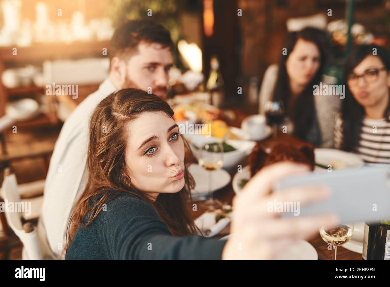 Selfie, restaurant and dinner of people at party for celebration ...