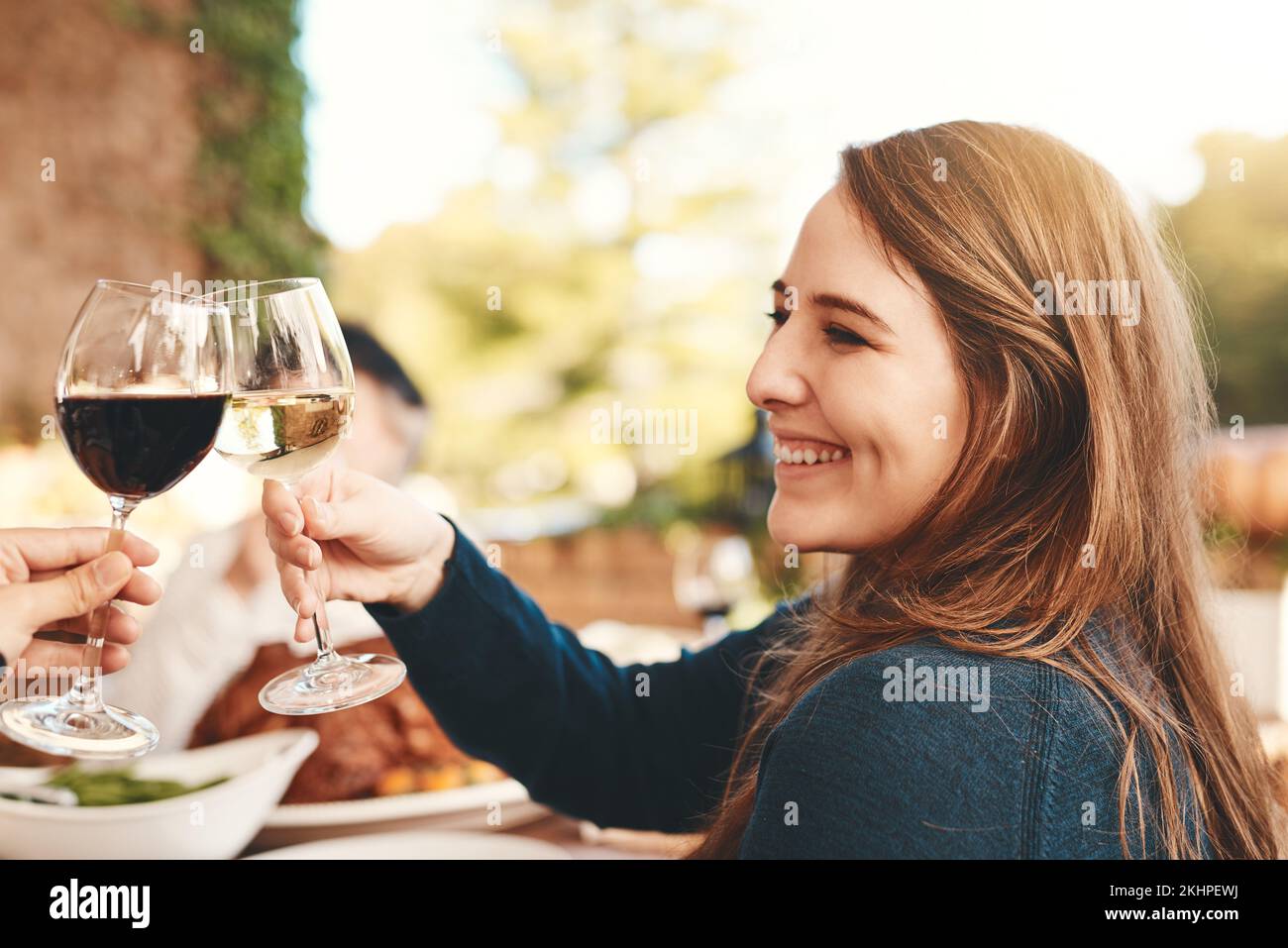 Wine toast, glasses and celebration dinner party with a woman happy ...