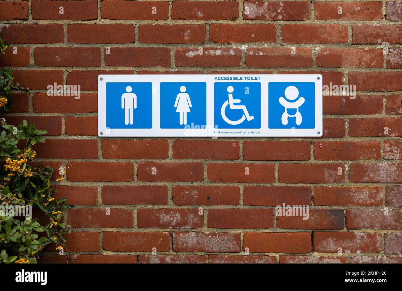 accessible Restroom wayfinding icon sign blue on a outside brick wall ...