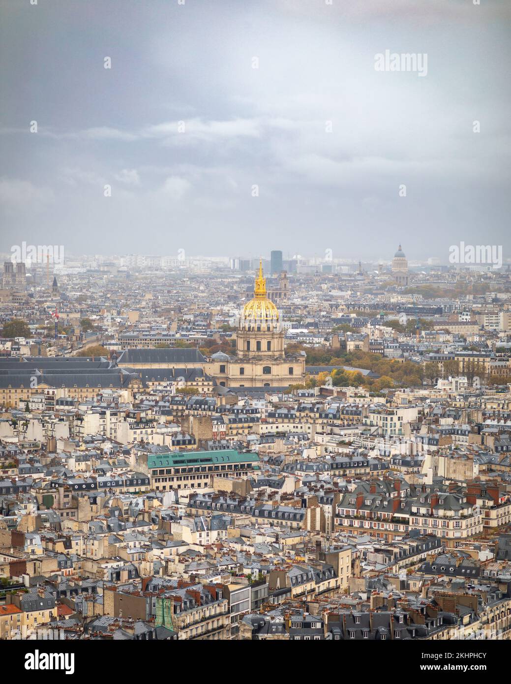An aerial view of Paris downtown with the Les Invalides building with a ...