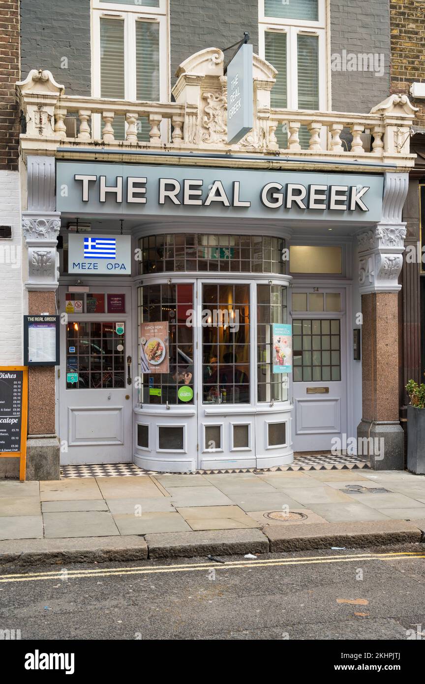 Outside facade of The Real Greek, a Greek restaurant on St. Martin`s ...