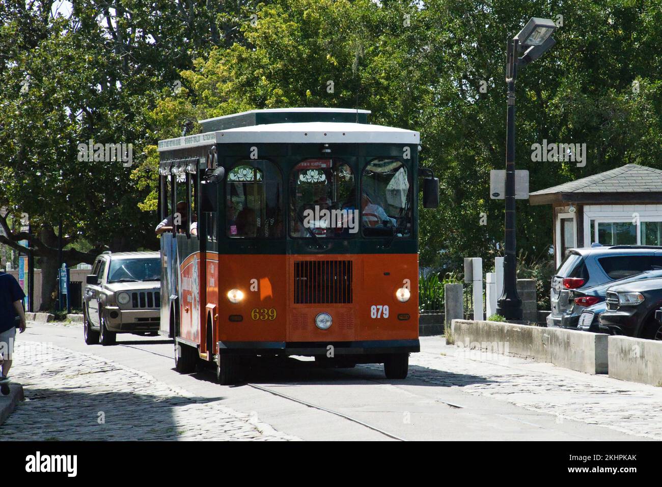 A brown bus on the road against the background of the green trees ...