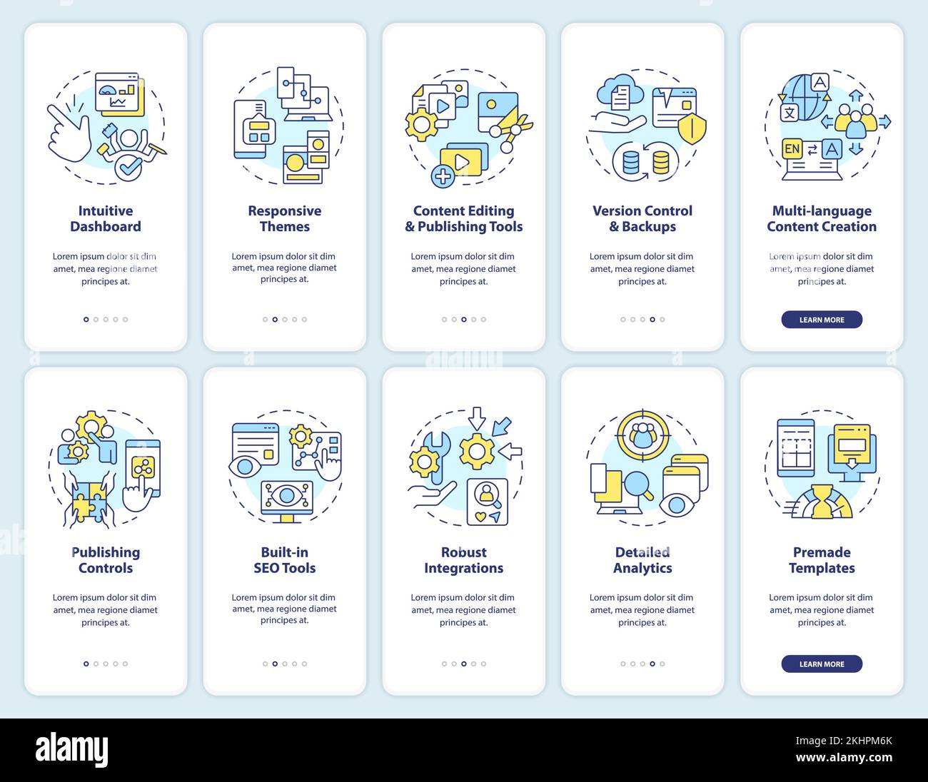Content management system onboarding mobile app screen set Stock Vector ...