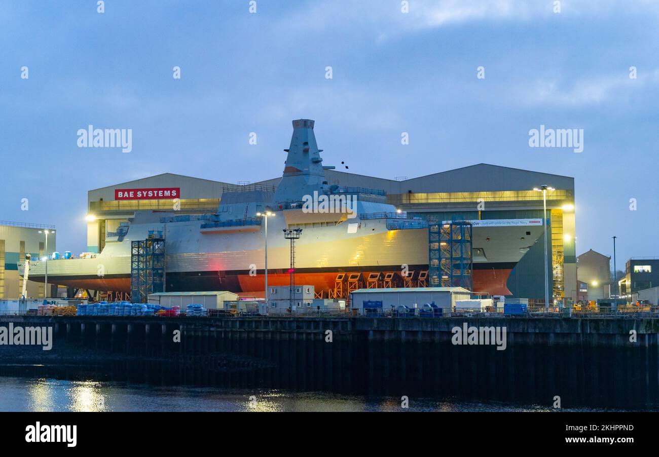 View of HMS Glasgow at BAE Systems Govan shipyard on the River Clyde ...