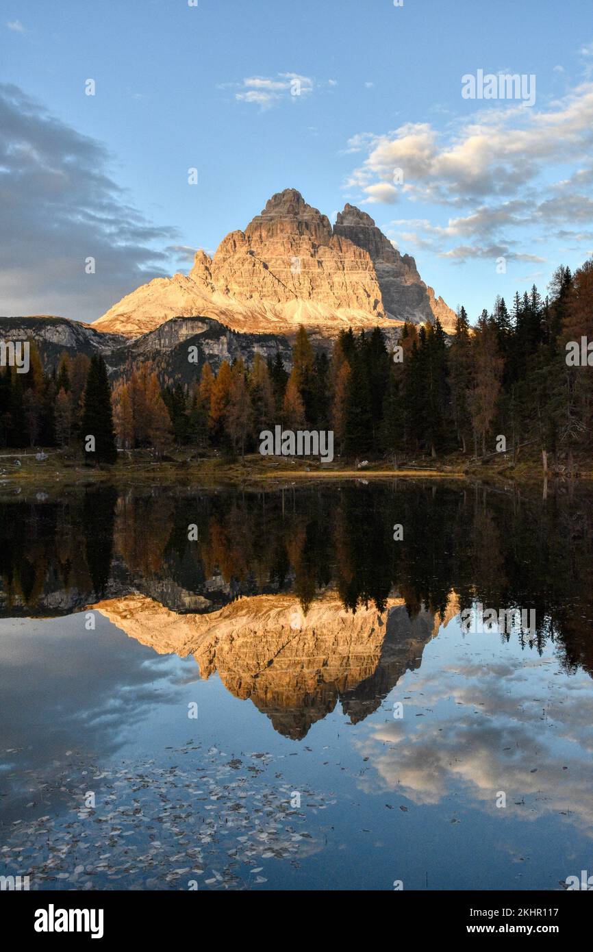 Drei Zinnen, Sonnenuntergang, Abendrot, Antornosee, Spiegelbild ...