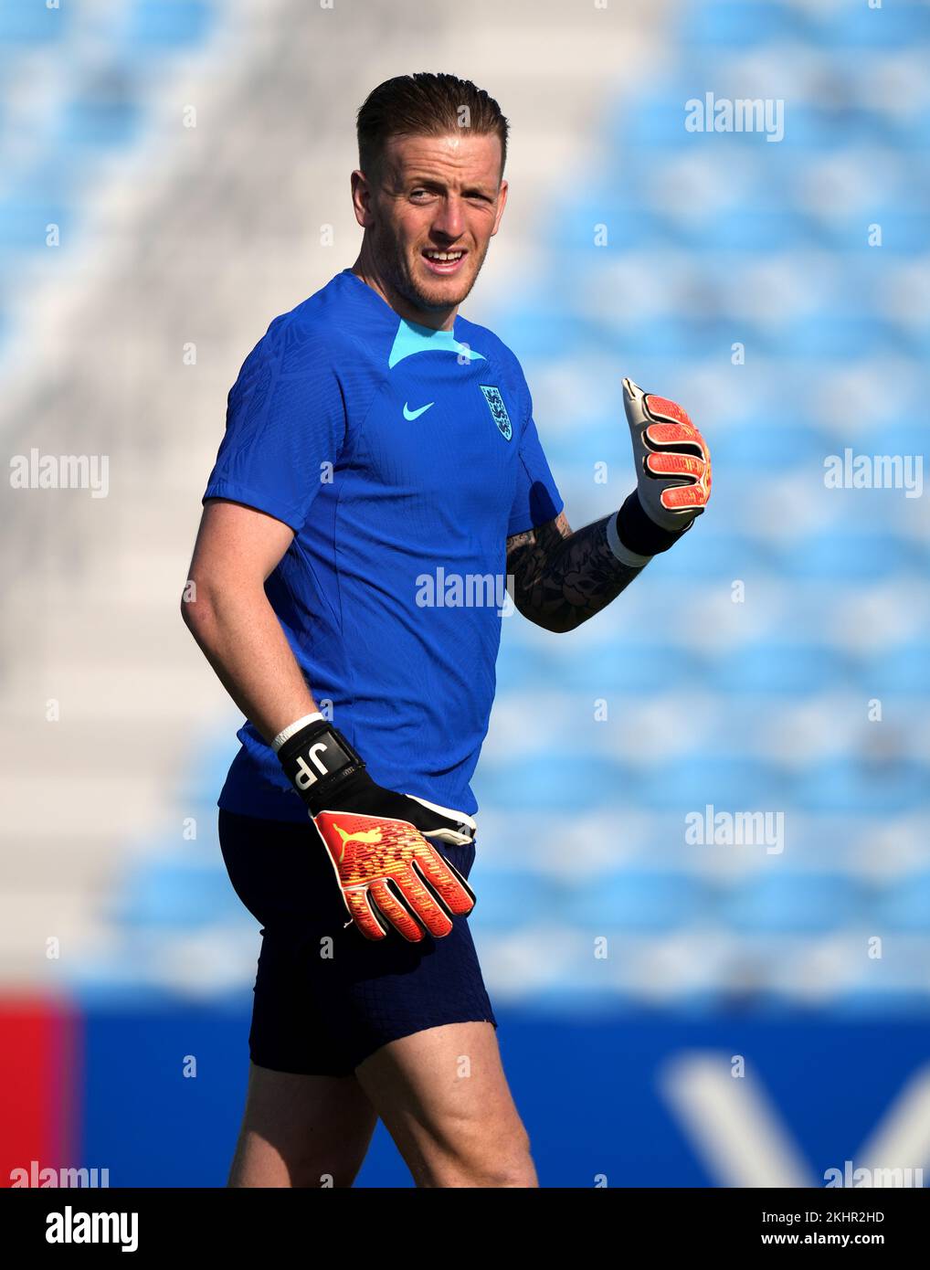 England goalkeeper Jordan Pickford during a training session at the Al ...
