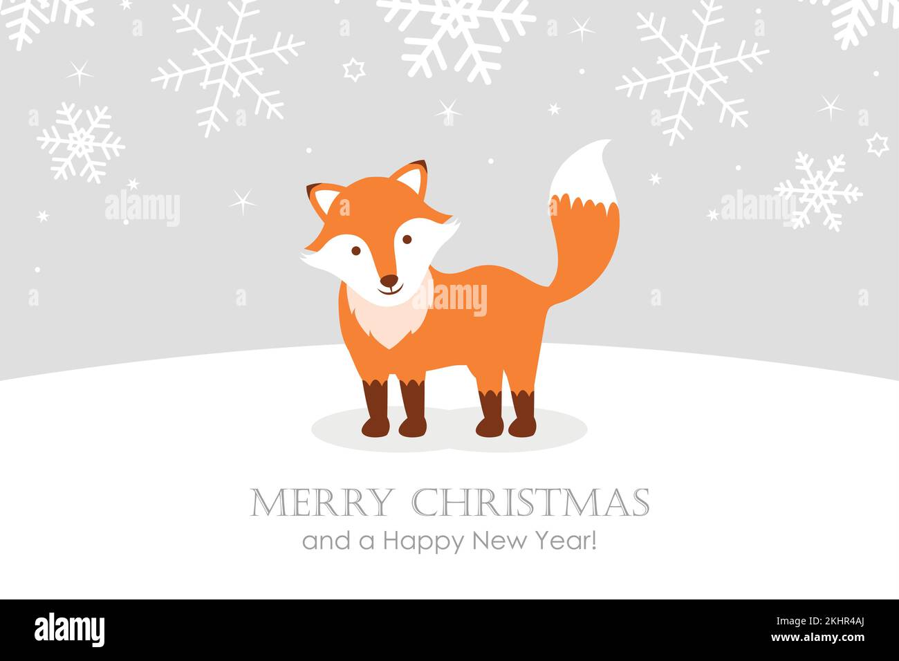 christmas greeting card with cute fox on snowy winter landscape Stock ...