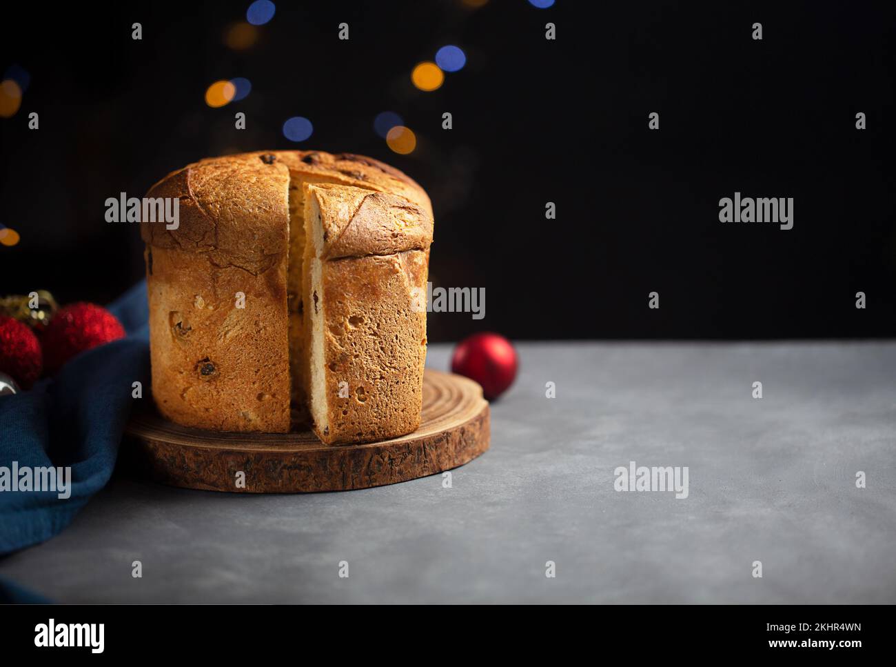 One panettone sweet bread , traditional Italian food on a dark ...