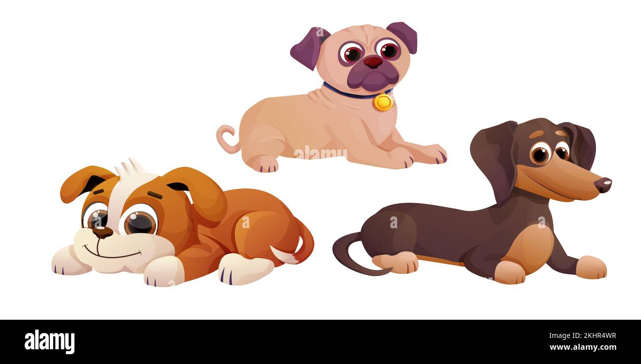 Set lying puppy, cute dachshund,pug dog child, pet with adorable tail ...