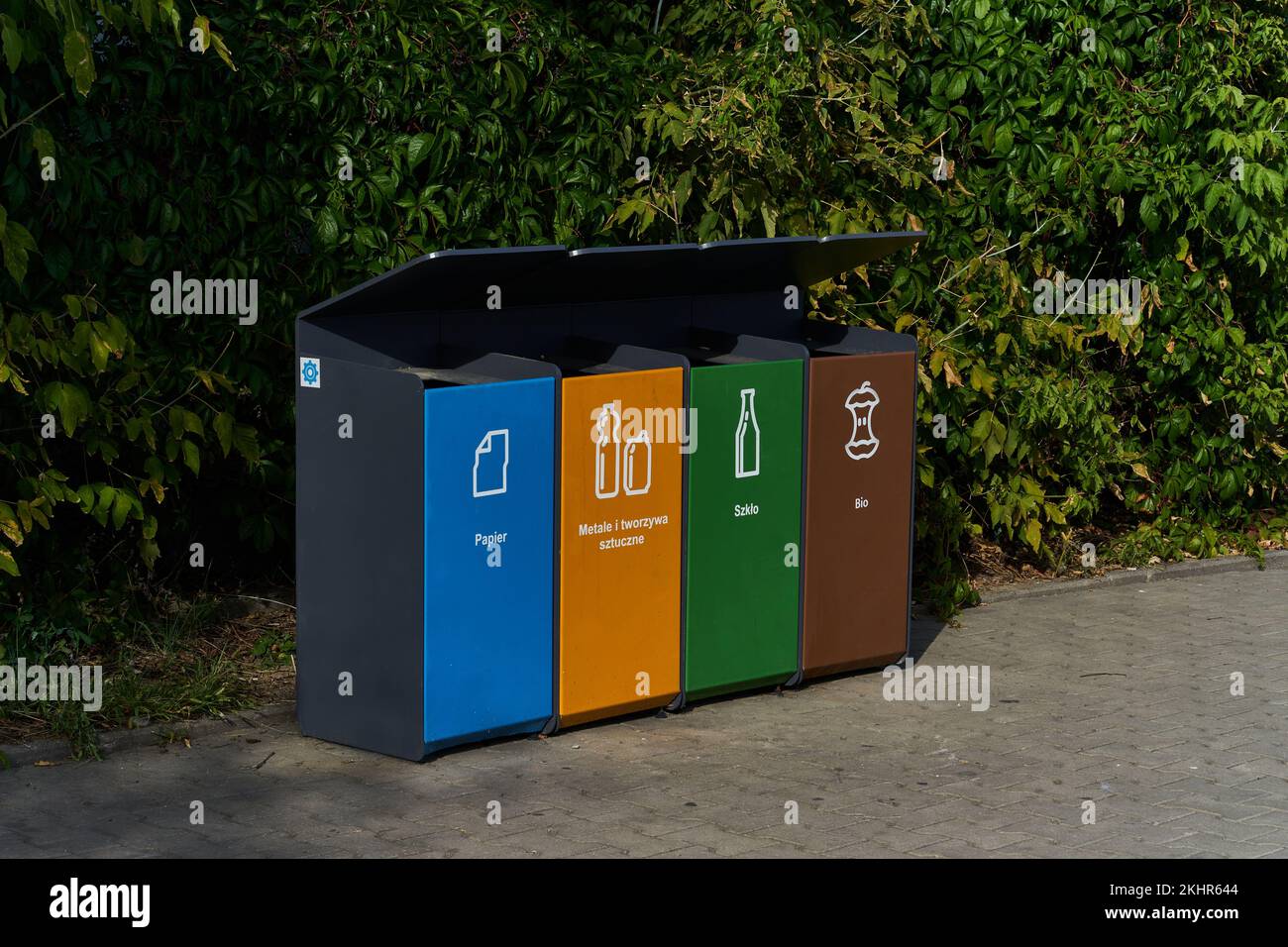A modern waste sorting bin against the trees in the park Stock Photo ...