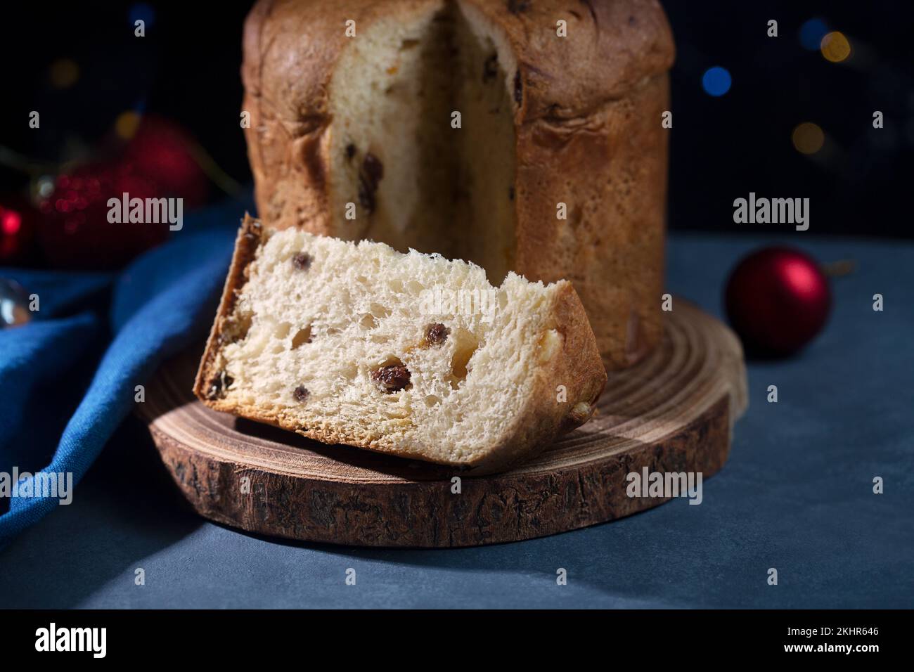 One piece of panettone sweet bread with raisin, traditional Italian ...