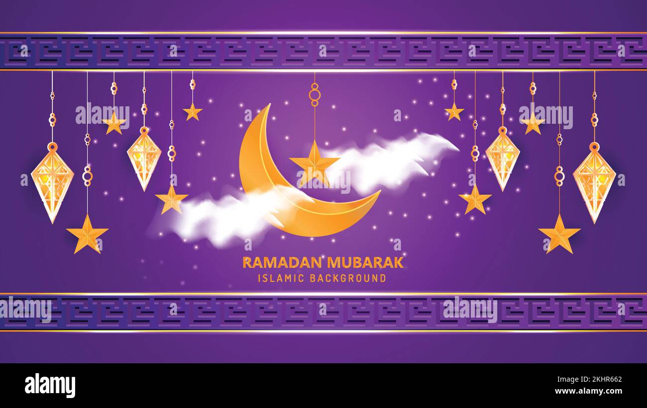 A purple Ramadan background with golden moon and stars Stock Vector ...