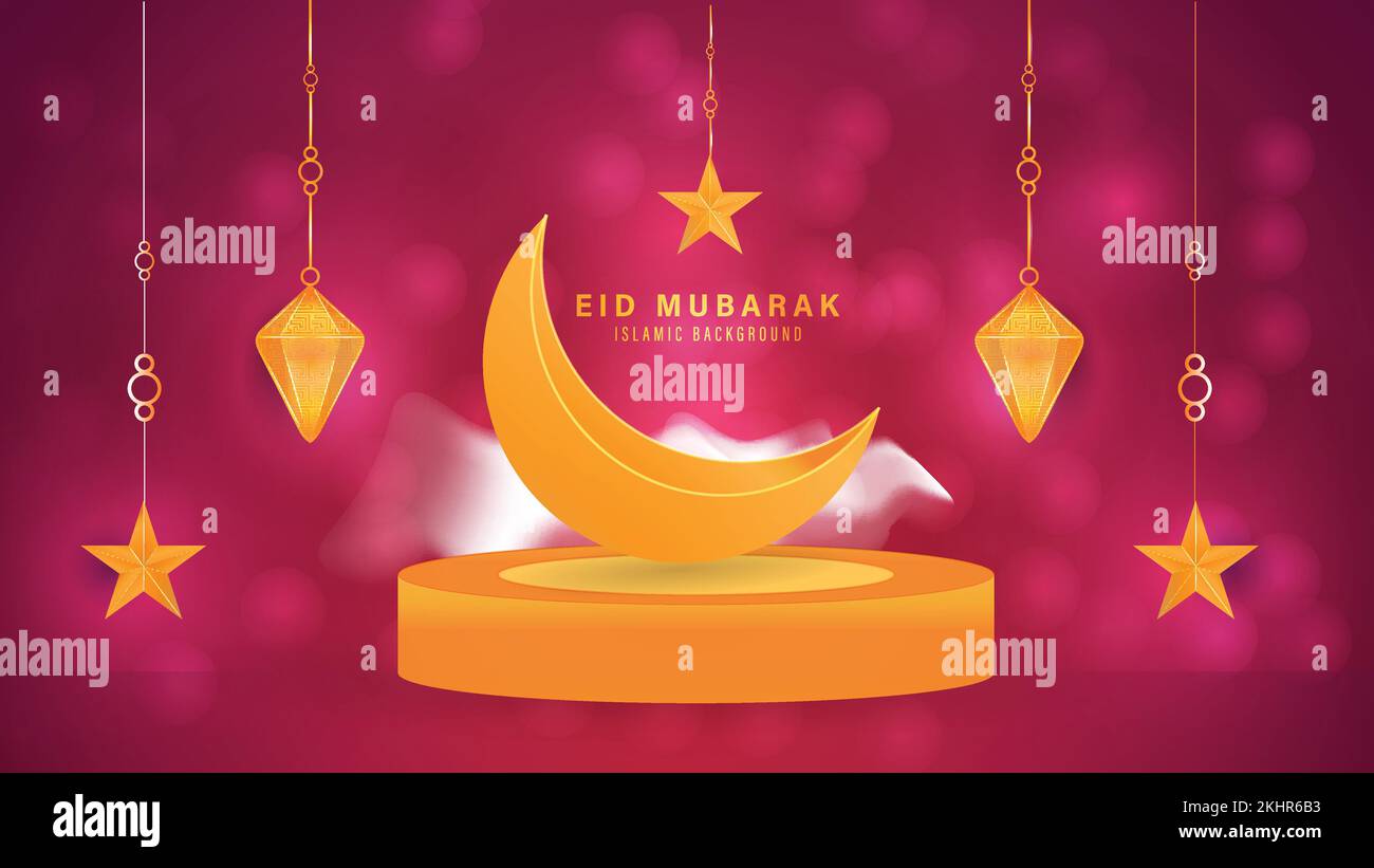 A pink Ramadan background with golden moon and stars Stock Vector Image ...