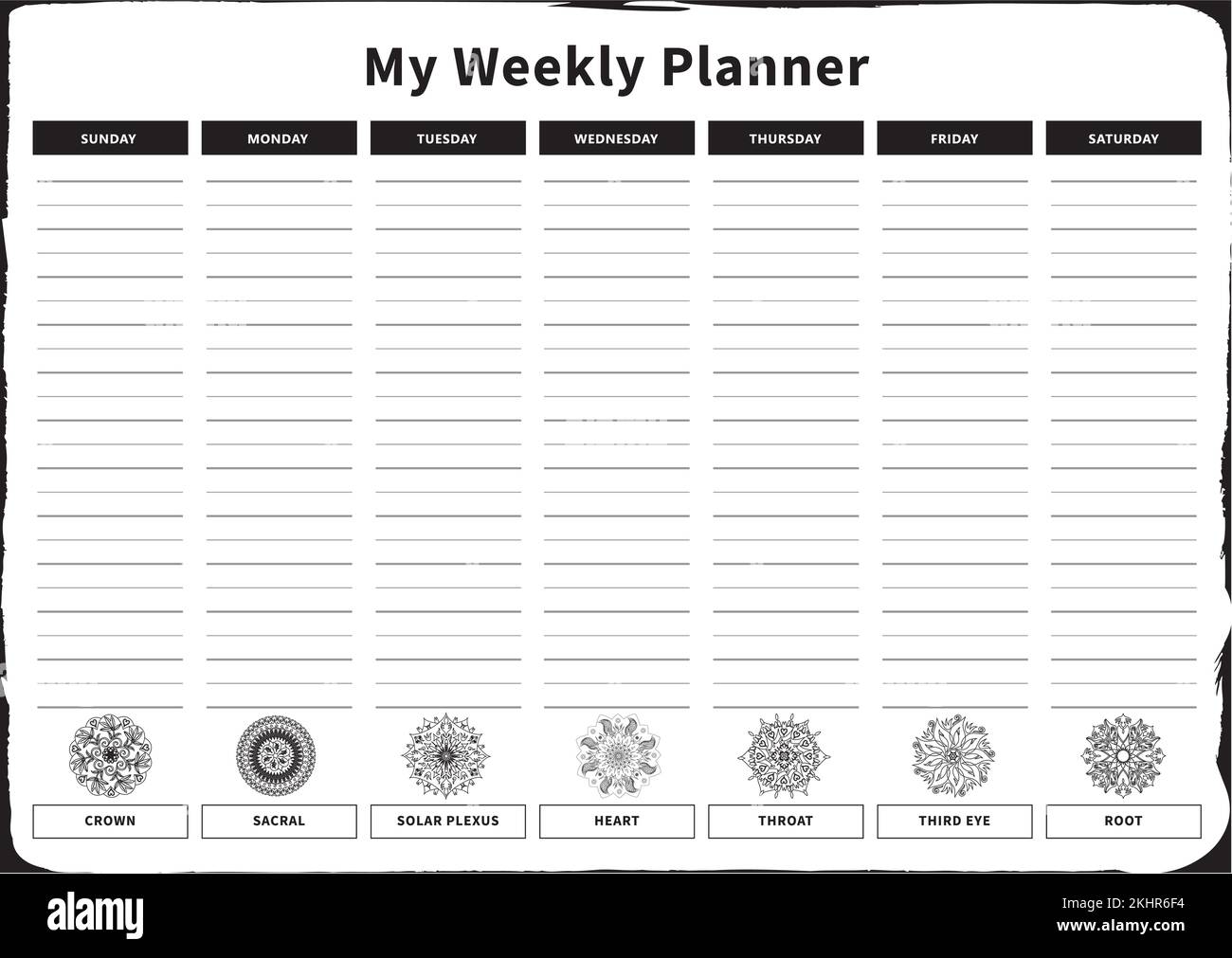 Weekly Planner with 7 Days and corresponding Chakras in Black and White ...