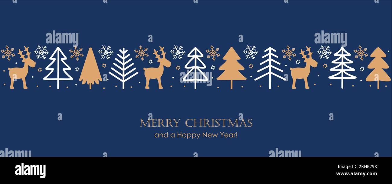 blue christmas greeting banner with deer fir tree and snowflake ...