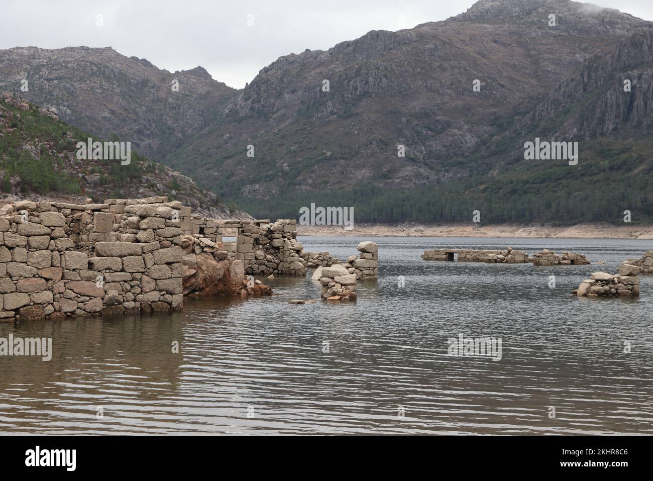 The ruins of Vilarinho da Furna during the dry season, when the former ...