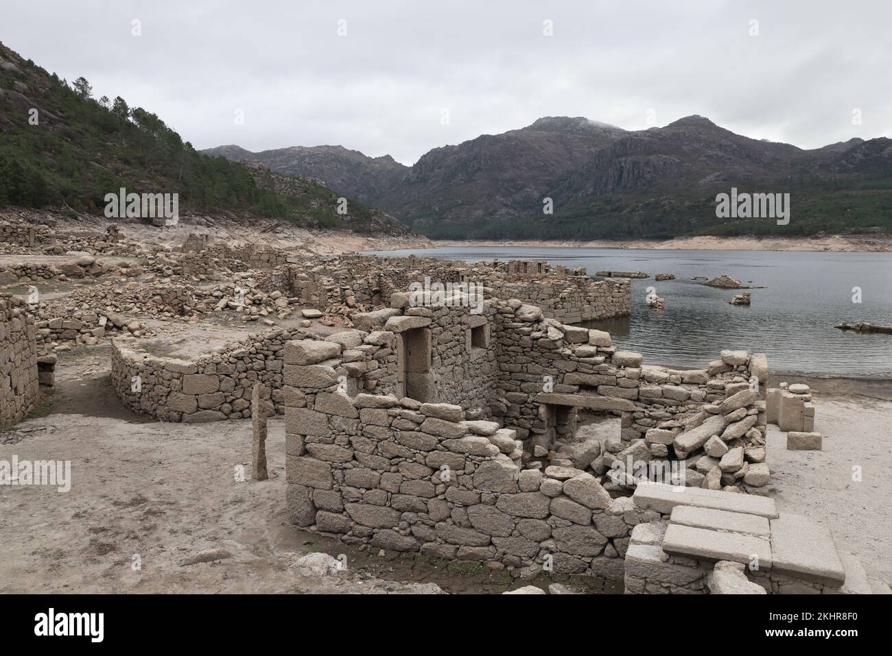 The ruins of Vilarinho da Furna during the dry season, when the former ...