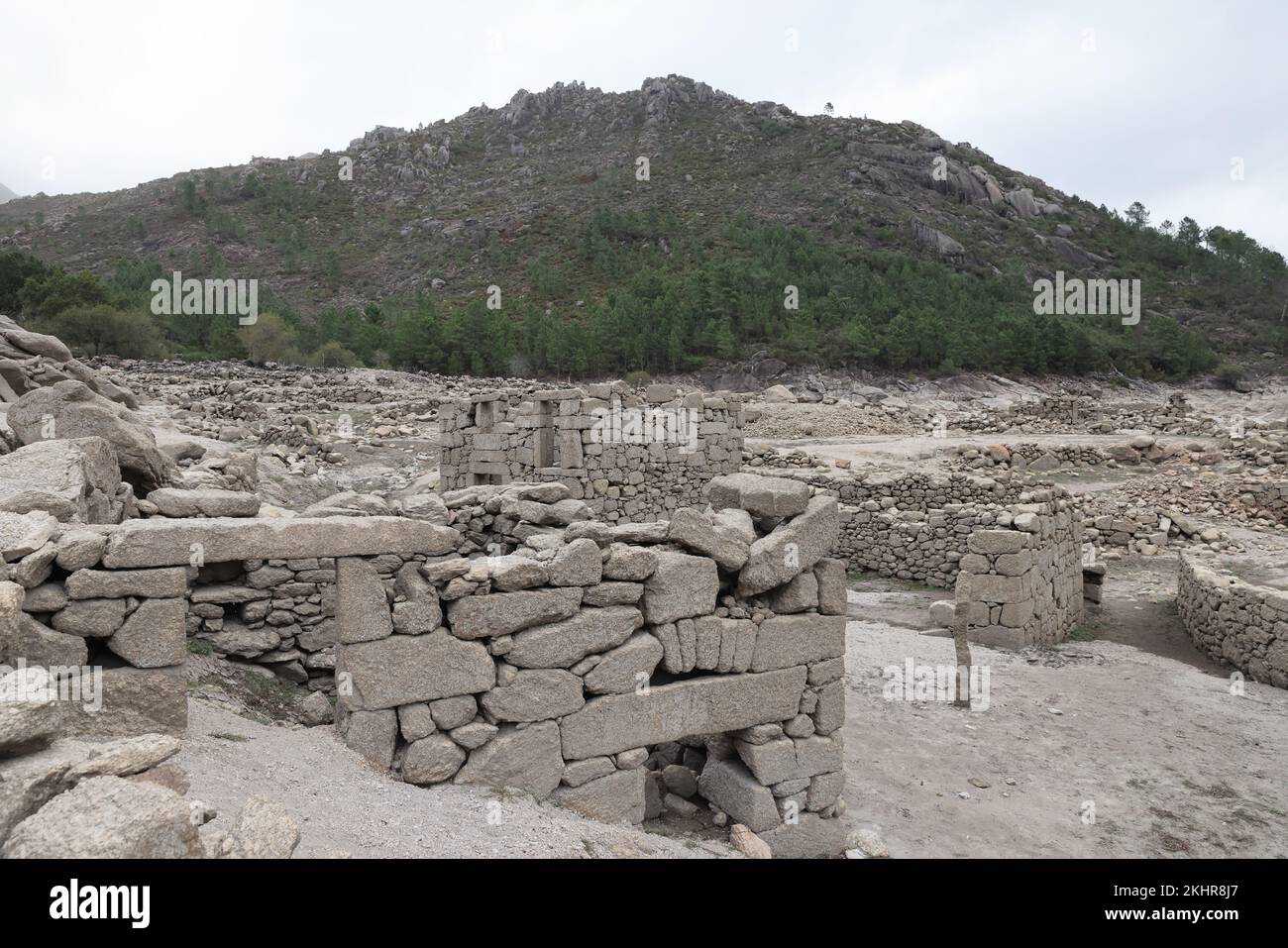 The ruins of Vilarinho da Furna during the dry season, when the former ...