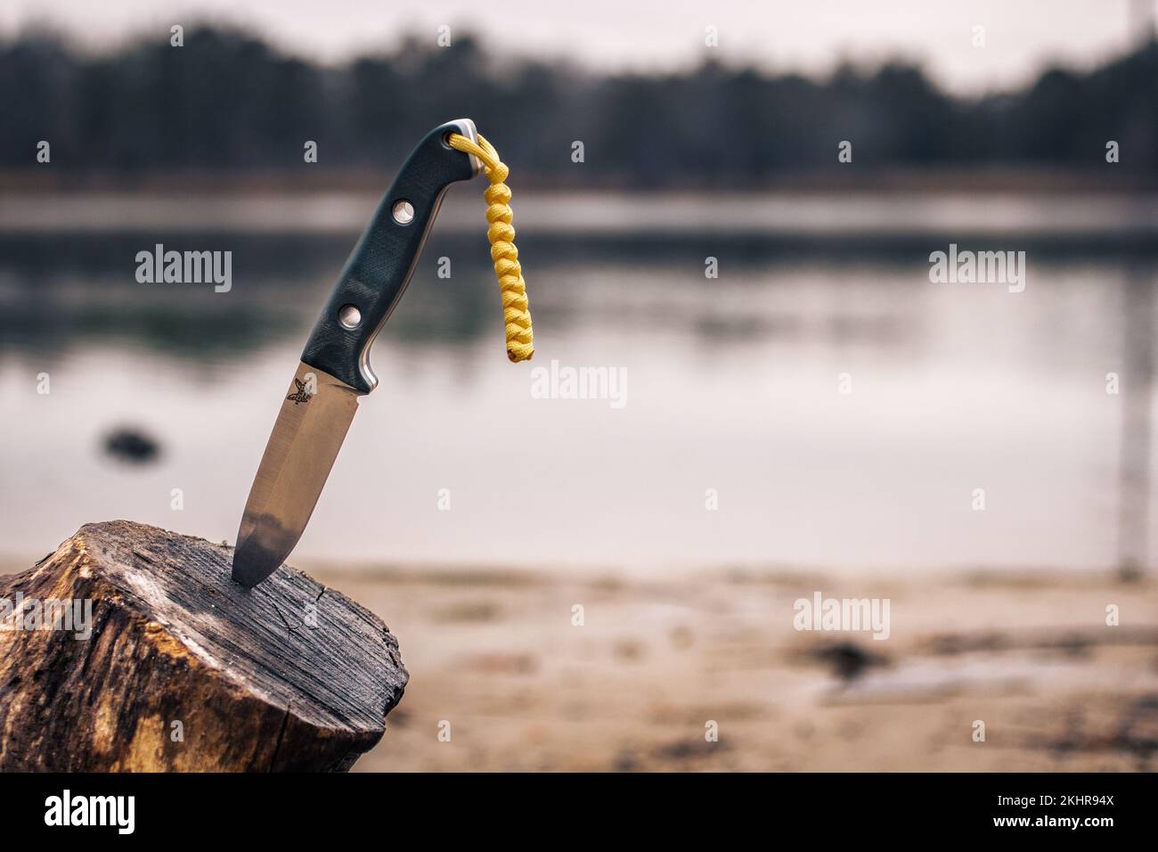 A benchmade bushcrafter, knife dug into a log against a blurred view of ...