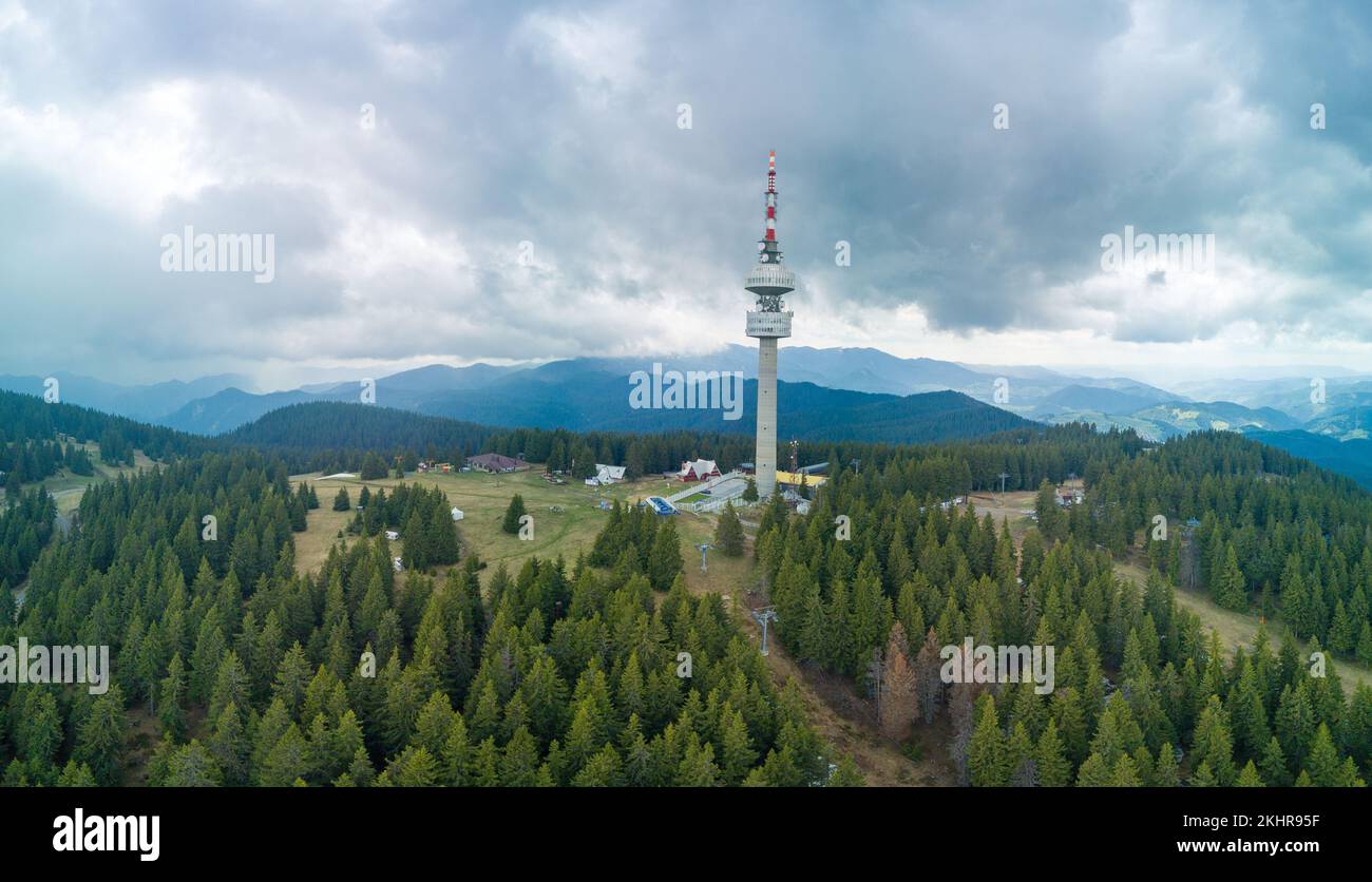 Snezhanka tower in valley of Rhodope mountains and forests against ...
