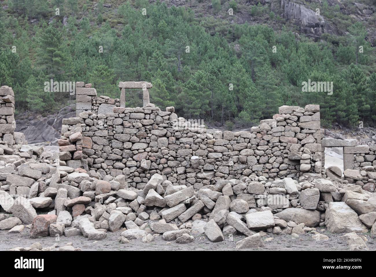 The ruins of Vilarinho da Furna during the dry season, when the former ...