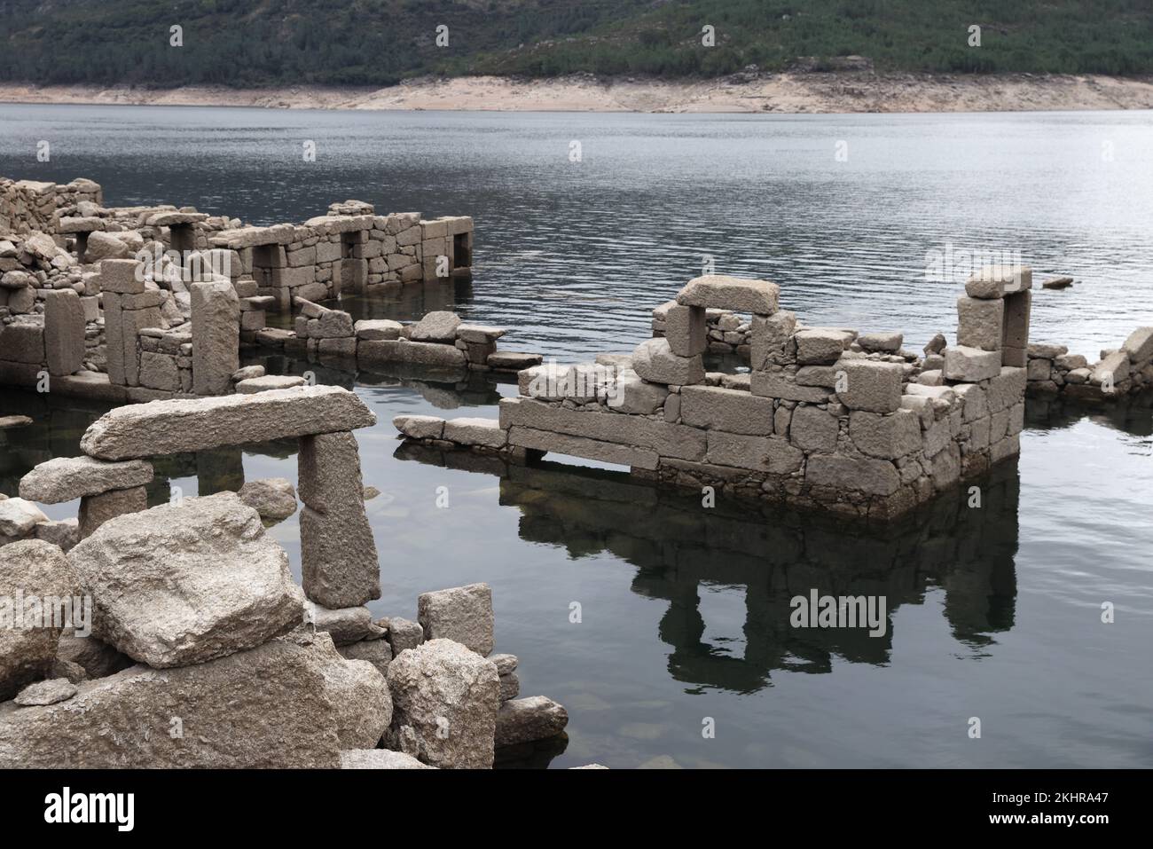 The ruins of Vilarinho da Furna during the dry season, when the former ...