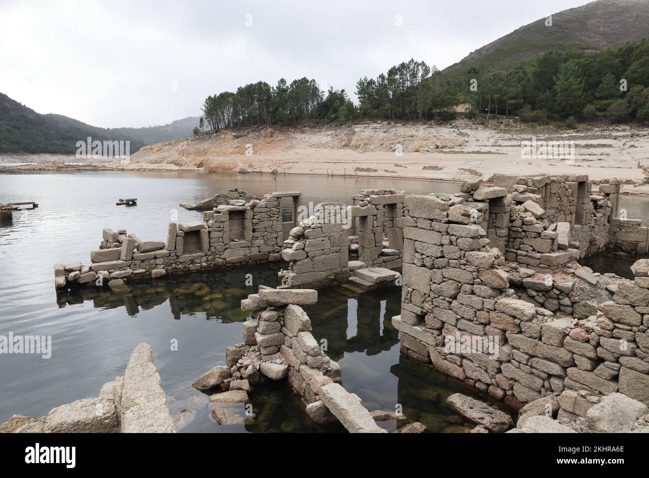 The ruins of Vilarinho da Furna during the dry season, when the former ...