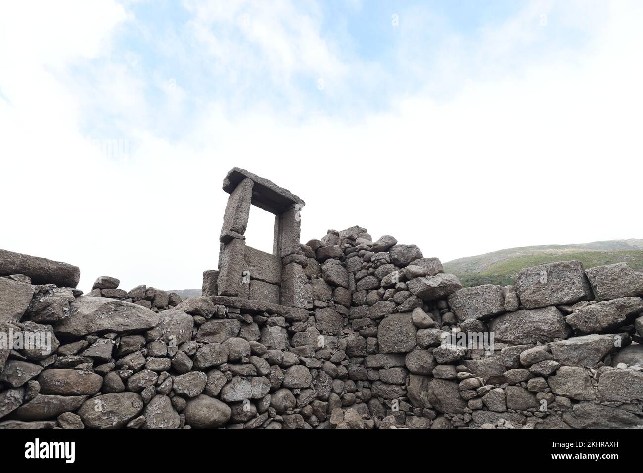 The ruins of Vilarinho da Furna during the dry season, when the former ...