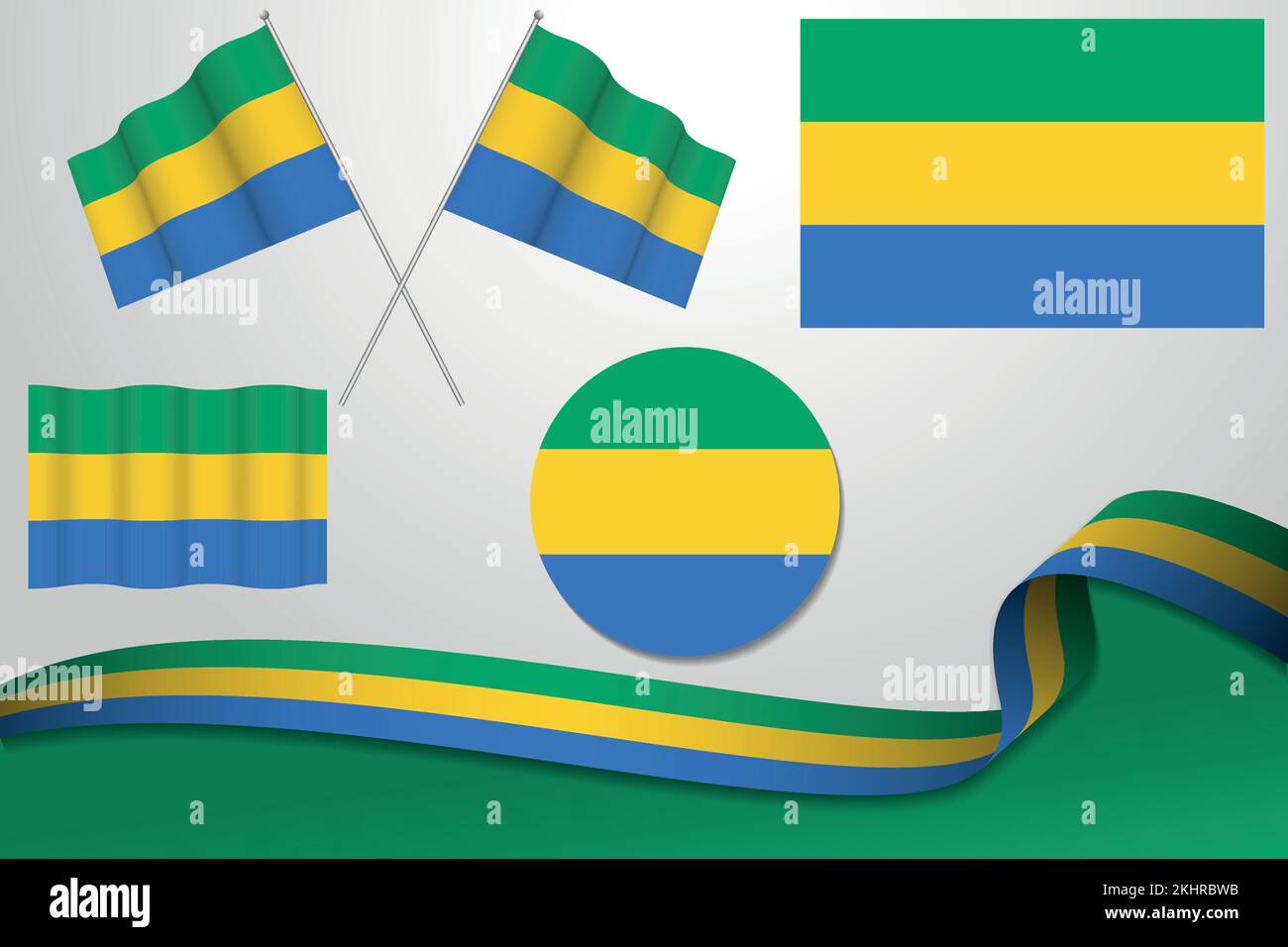 A set of Gabon flags in different designs, icon, flaying flags and ...