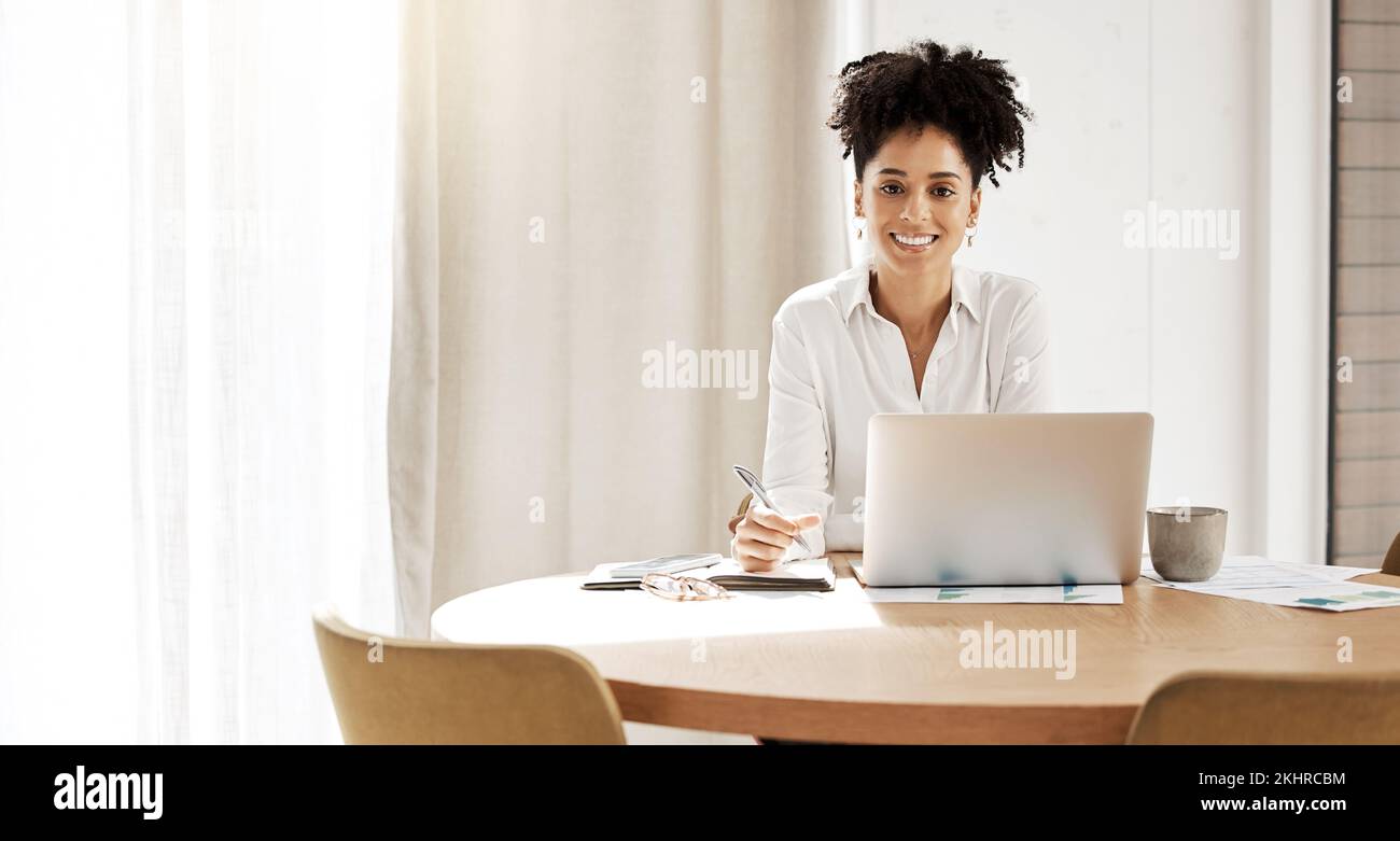 Portrait, black woman and desk for business, laptop and startup company ...