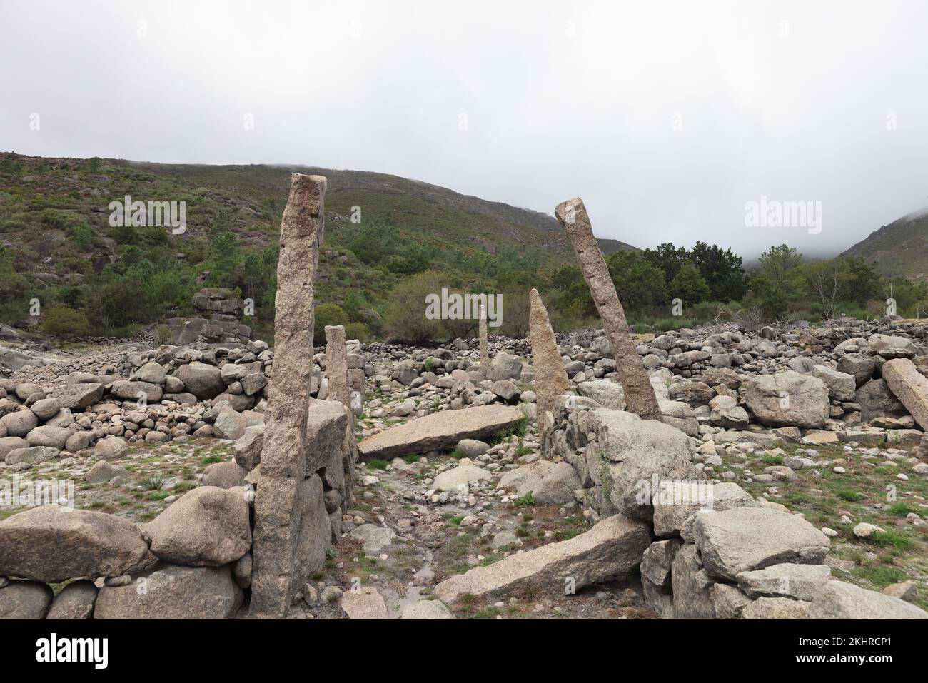 The ruins of Vilarinho da Furna during the dry season, when the former ...