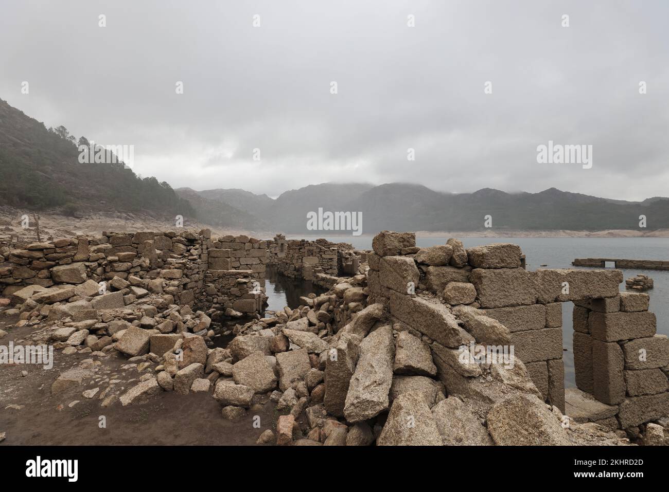The ruins of Vilarinho da Furna during the dry season, when the former ...