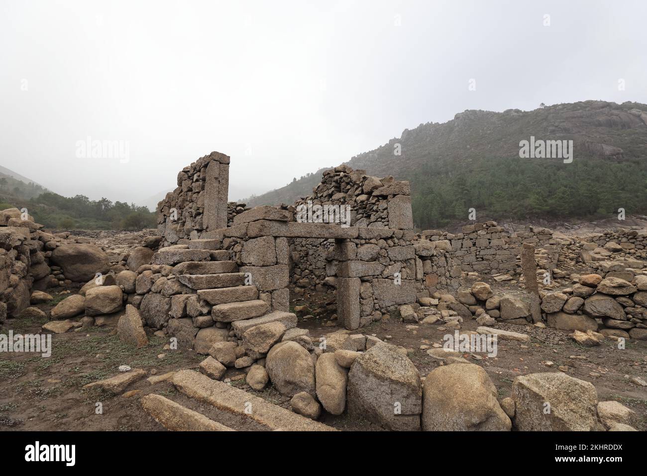 The ruins of Vilarinho da Furna during the dry season, when the former ...