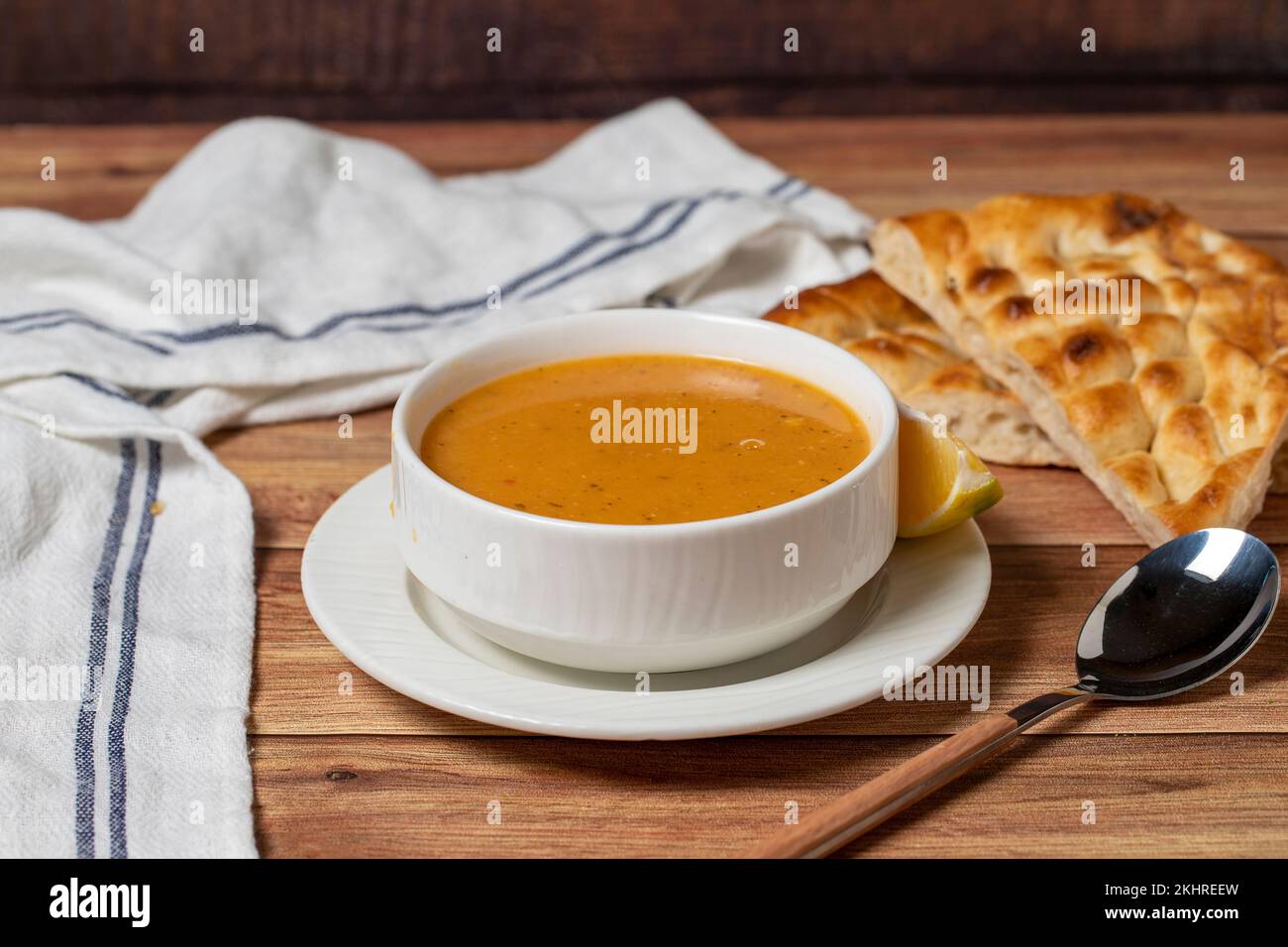 Lentil soup on wood floor. Turkish cuisine delicacies. local name ezo ...