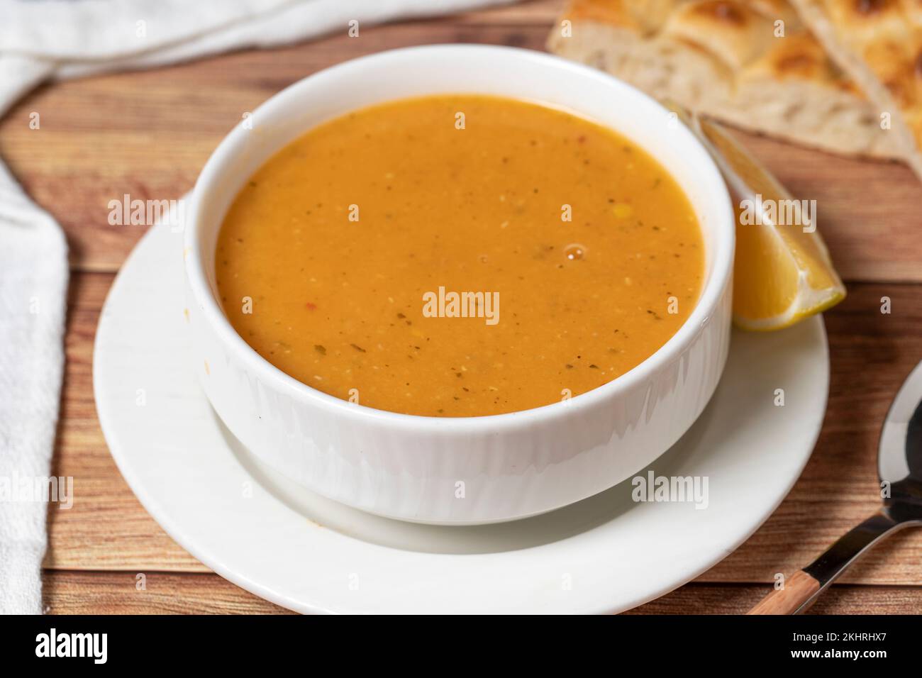 Lentil soup on wood floor. Turkish cuisine delicacies. local name ezo ...