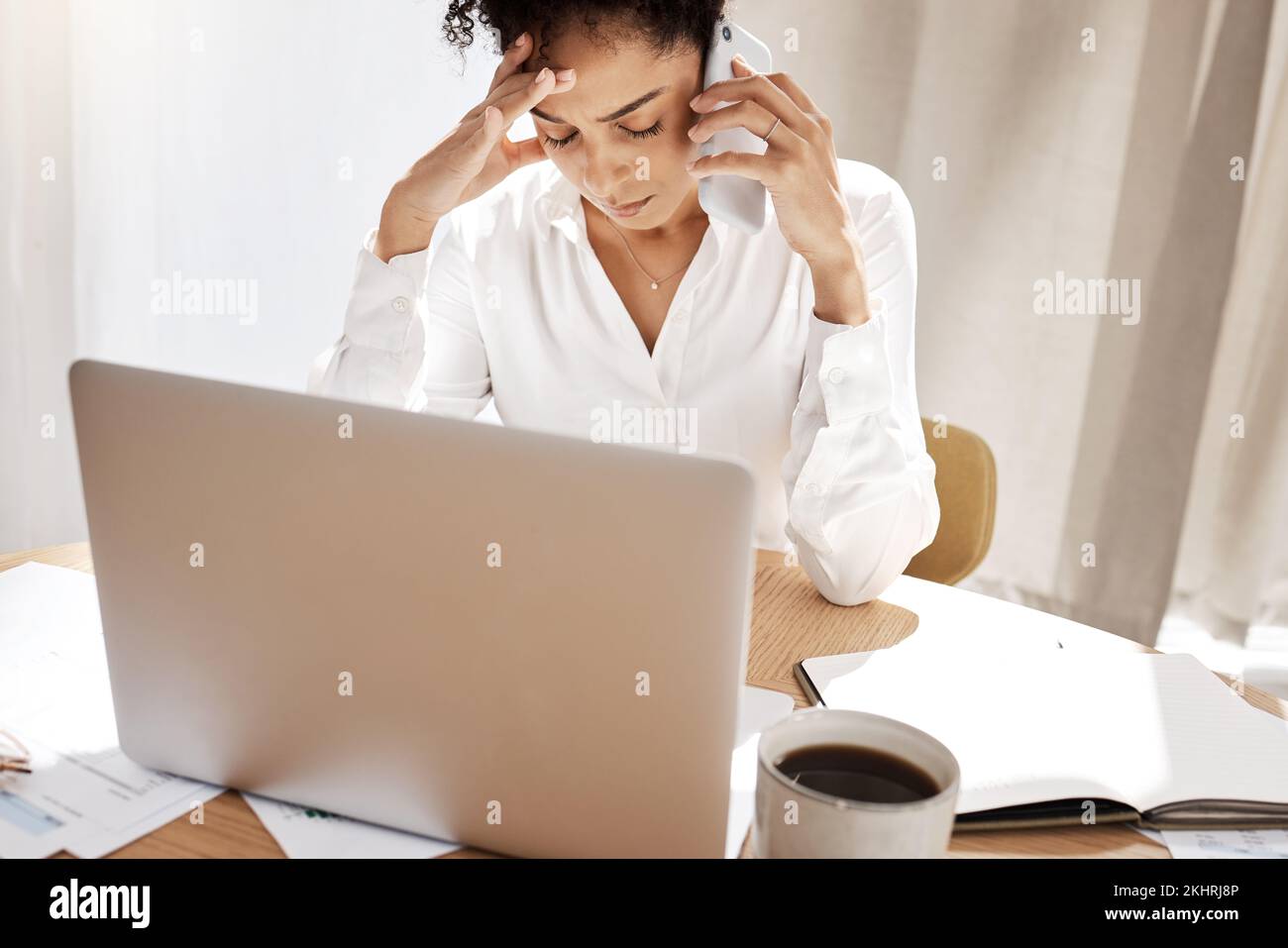 Phone call, stress and black woman frustrated, laptop and reporting ...